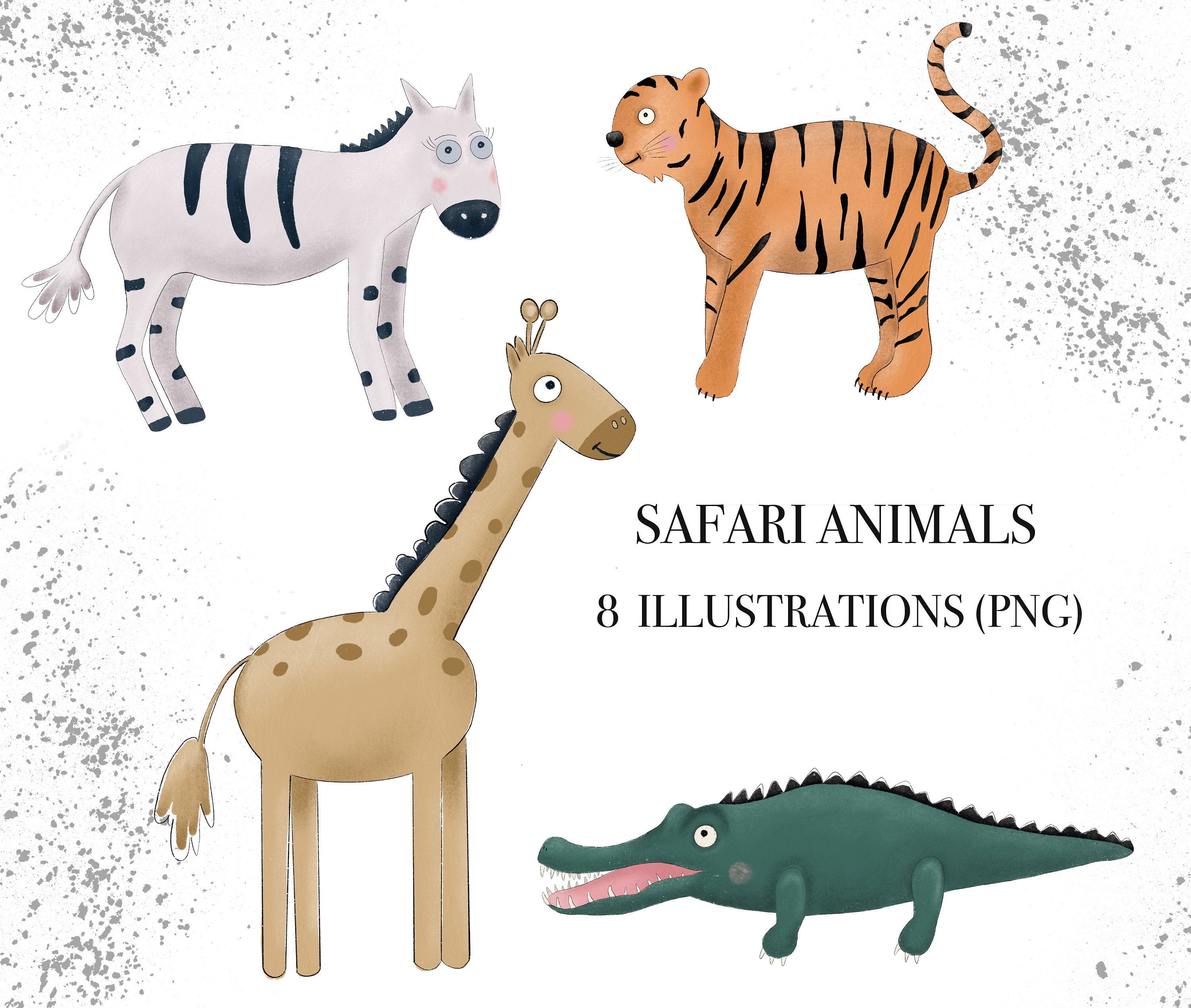 Safari Animals Illustration Clipart Giraffe Lion Tiger Hippo - Etsy