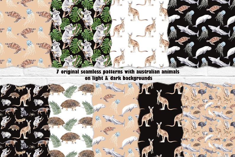Australian Animals Seamless Patterns Watercolor Animals Digital Paper ...