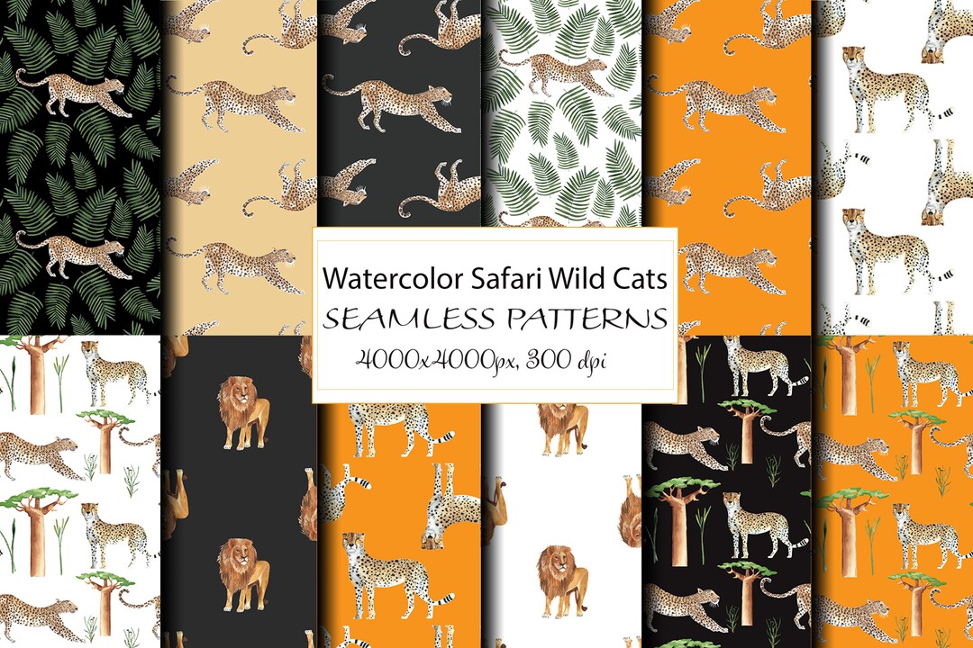 Watercolor Safari Animals Seamless Patterns: Jungle Cats (digital Paper ...