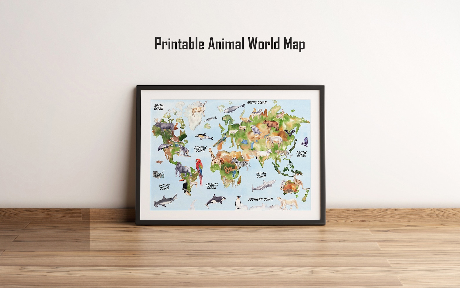 Printable Animal World Map Watercolor Animals Map Kids Poster Nursery ...