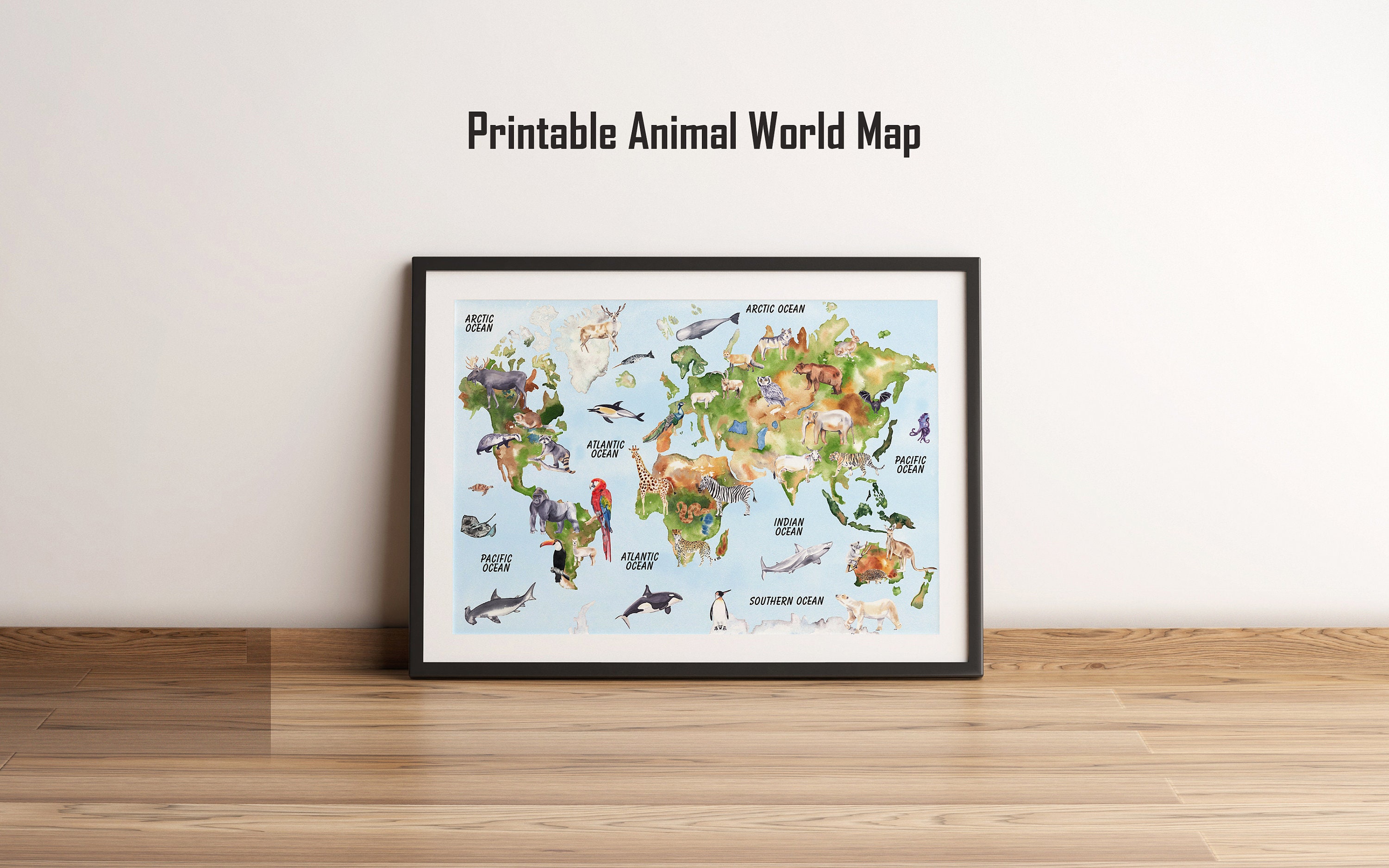 Printable Animal World Map Watercolor Animals Map Kids Poster Nursery ...