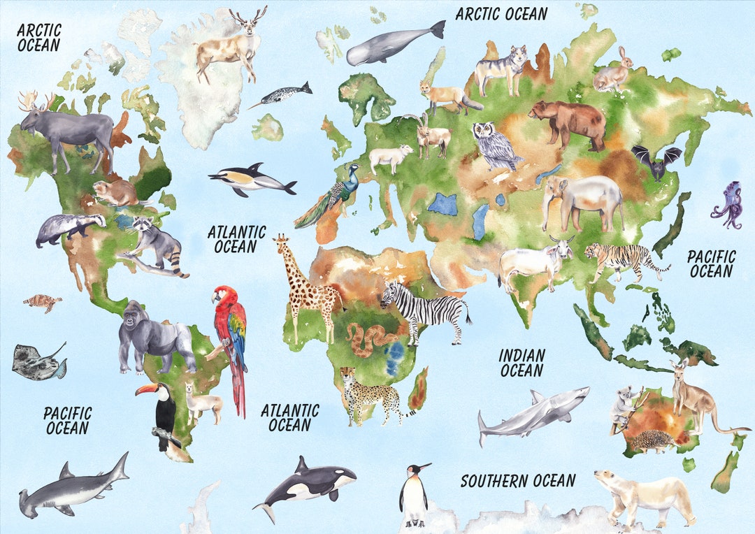 Printable Animal World Map Watercolor Animals Map Kids Poster Nursery ...