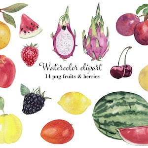 Watercolor Food Clipart Fruits & Berries Watermelon Lemon Cherry ...