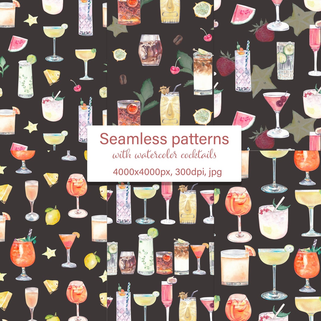 Printable Digital Papers With Watercolor Cocktails Fabric Textile ...