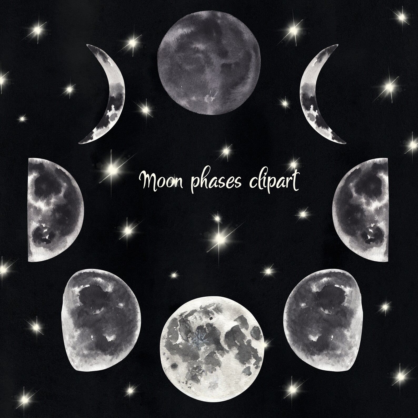 Watercolor Moon Phases Clipart: Celestial Astrology PNG (digital ...