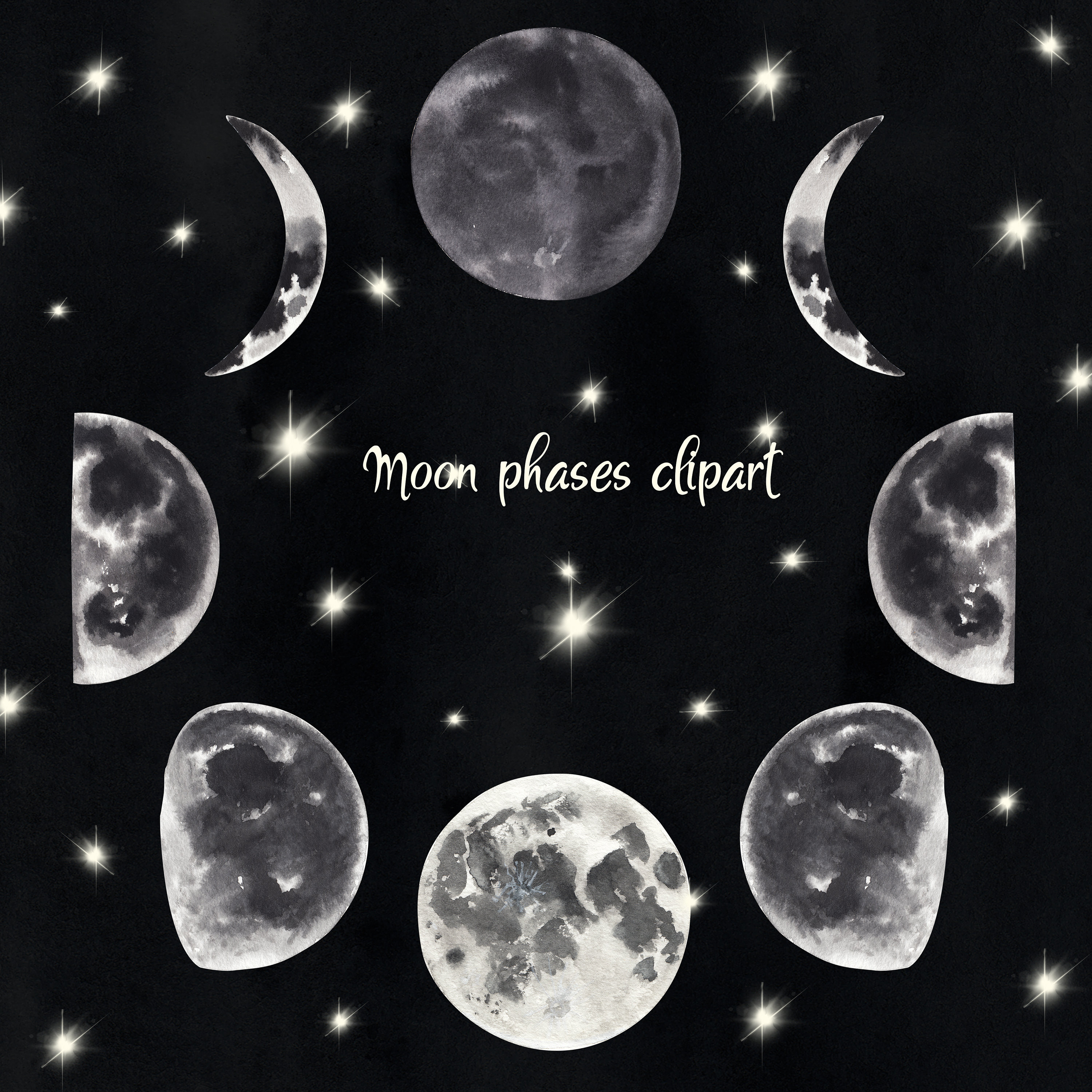 Watercolor Moon Phases Clipart: Celestial Astrology PNG (digital ...