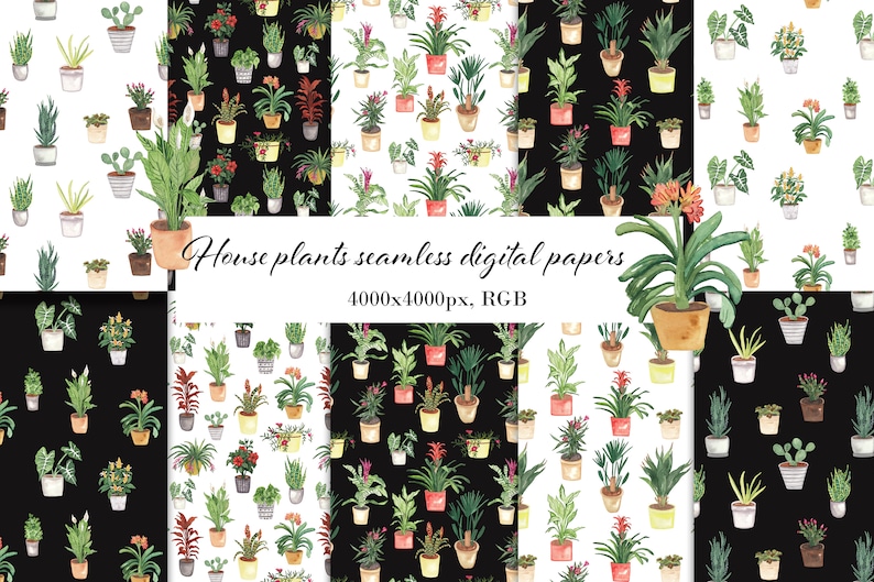 House Plants Digital Paper, Potted Plants Seamless Pattern, Cactus ...
