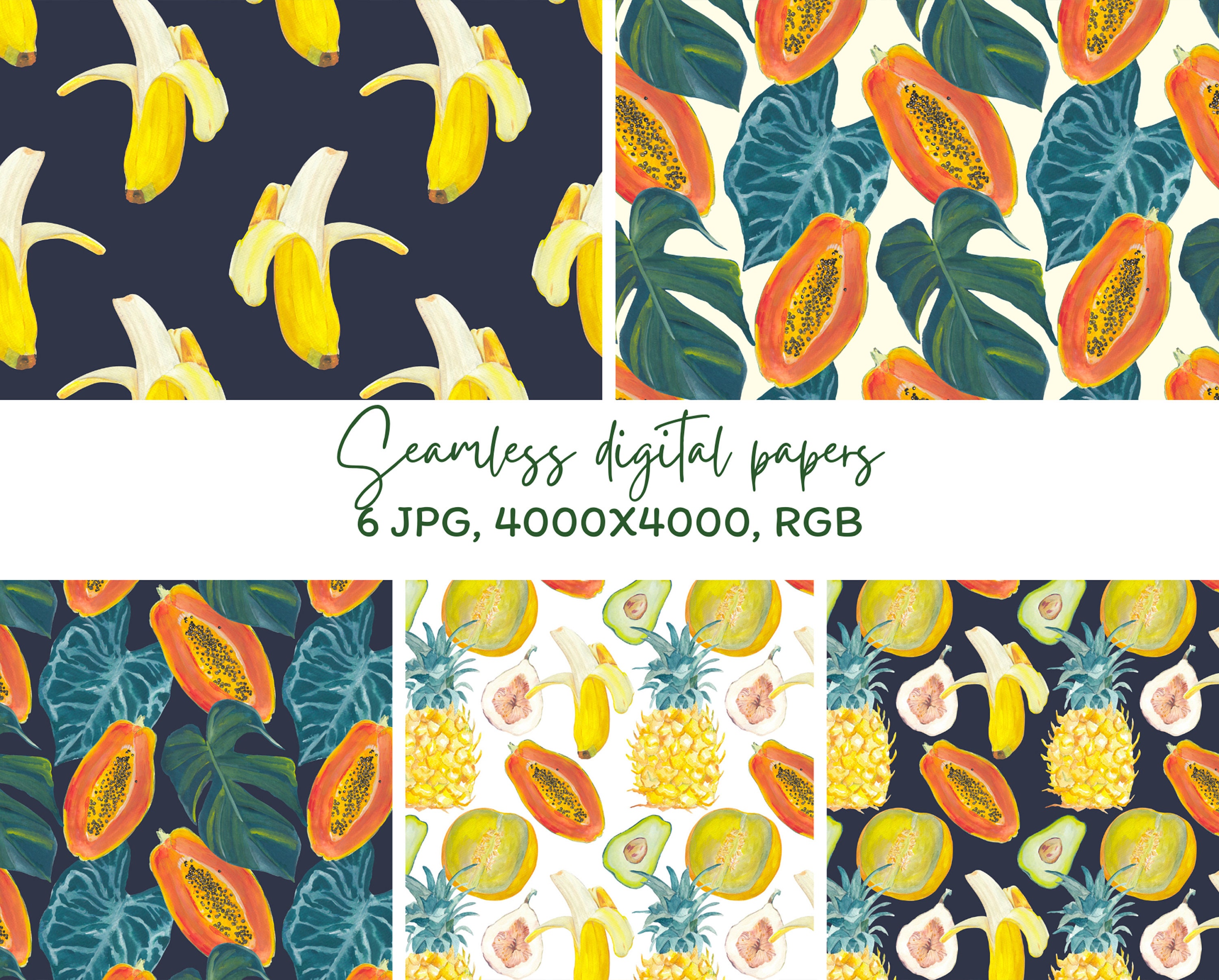 Tropical Fruits Digital Paper Seamless Patterns With Hand Painted ...