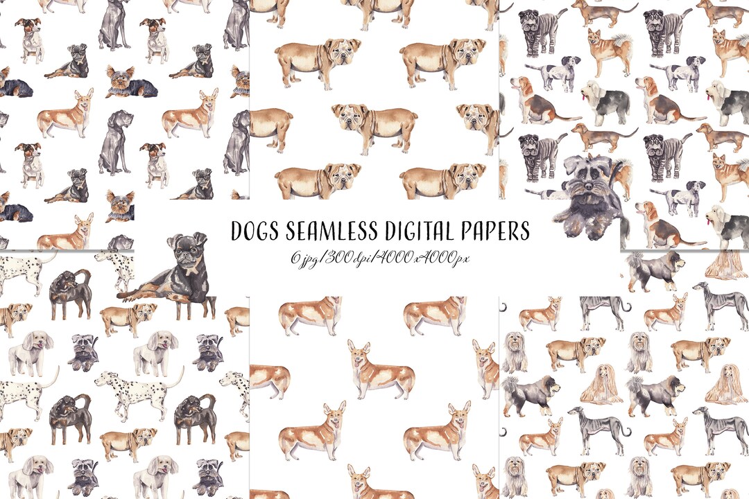 Dogs Digital Papers Watercolor Puppy Seamless Patterns Corgi English ...