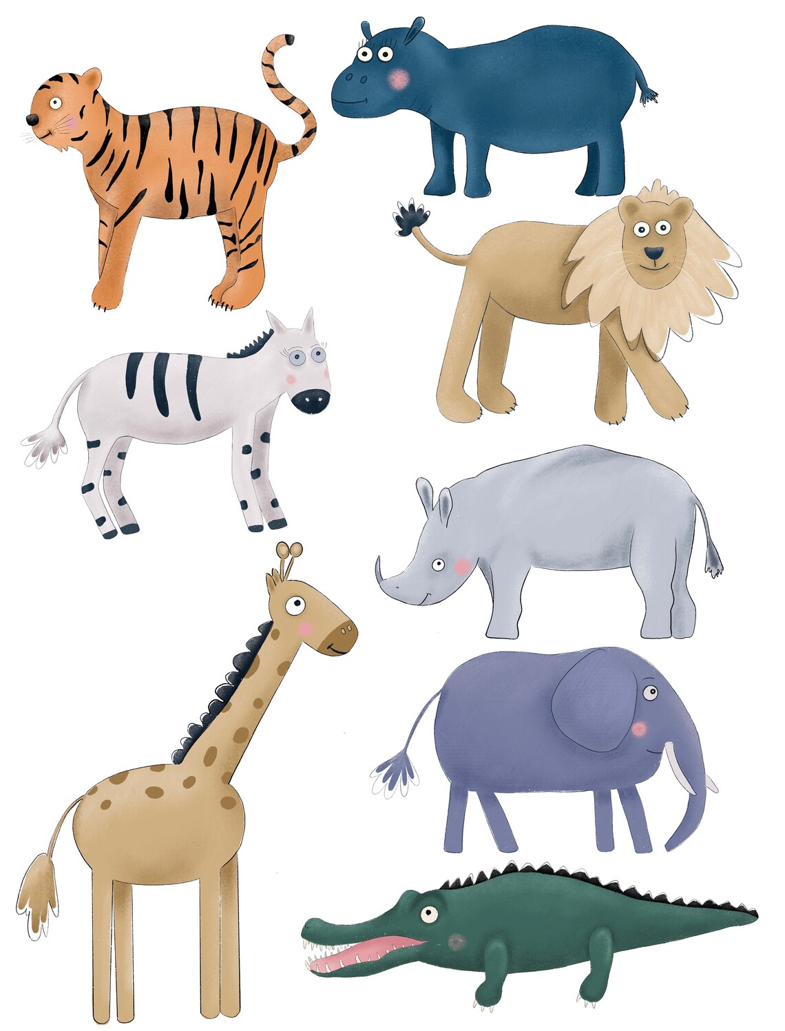 Safari Animals Illustration Clipart Giraffe Lion Tiger Hippo - Etsy