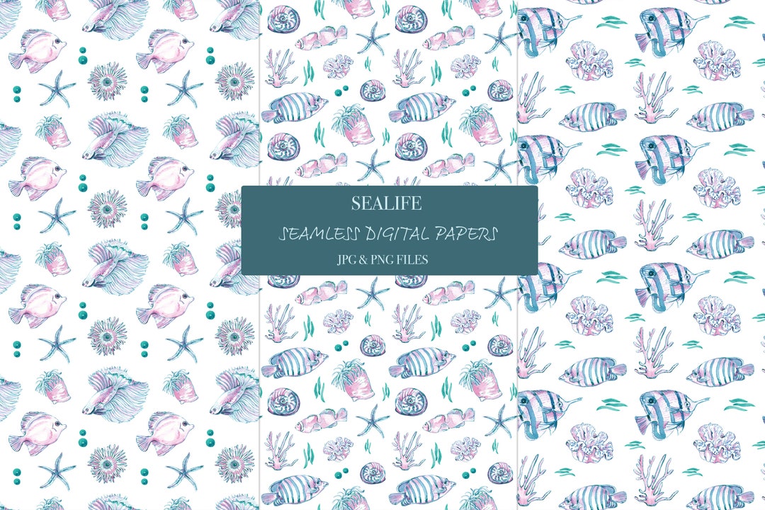 Sea Life Seamless Digital Papers Ocean Creatures Patterns Watercolor ...
