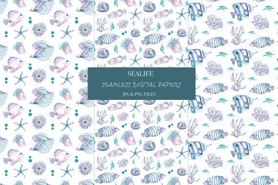 Sea Life Seamless Digital Papers Ocean Creatures Patterns | Etsy