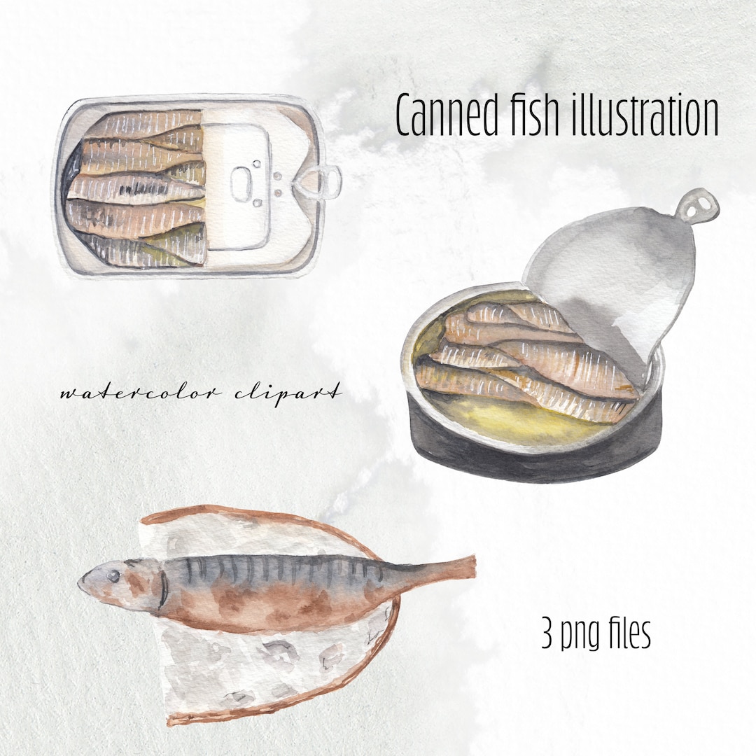 Canned Fish Watercolor Illustrations Cooking Recipe Book Png Clipart ...