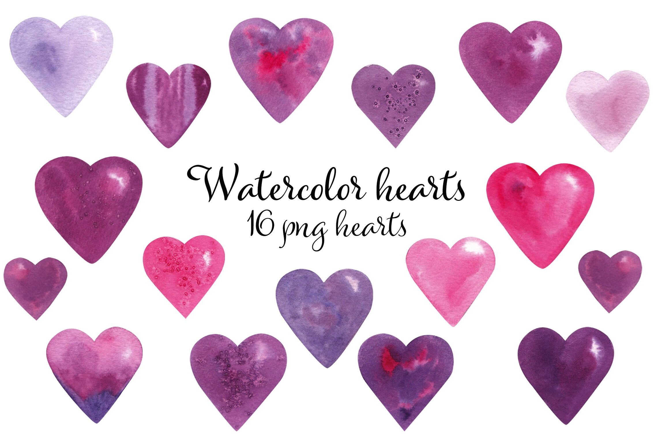 Watercolor Hearts Clipart PNG for Instant Download Pink Purple - Etsy