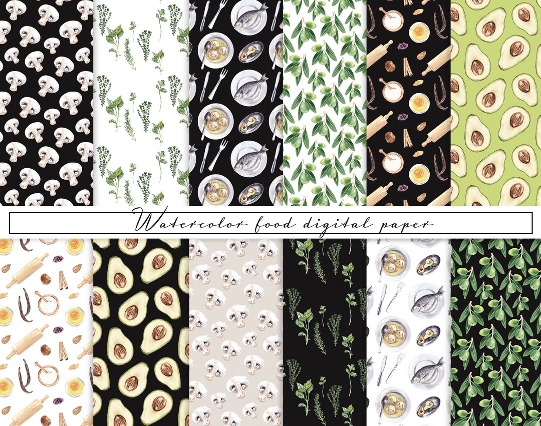 Watercolor Food Digital Paper: Seamless Kitchen Patterns (JPEG) - Etsy