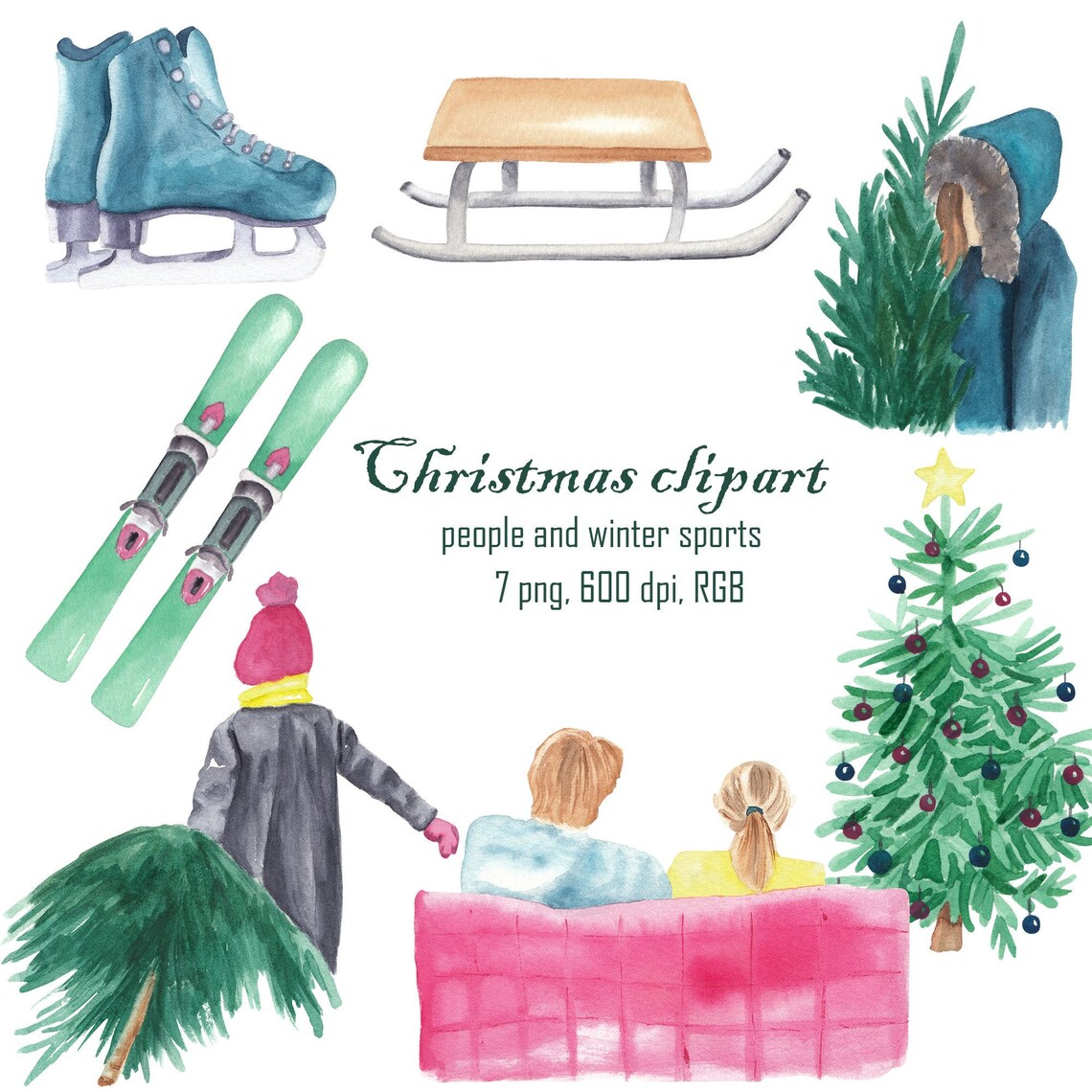 Watercolor Christmas Clipart Winter Sports: Ice Skating, Ski & Sled ...