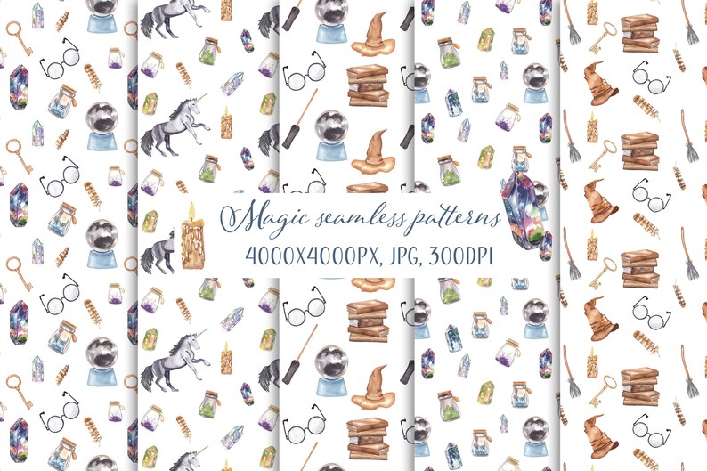 Watercolor Magic Wizard Seamless Pattern Crystals Digital Paper ...