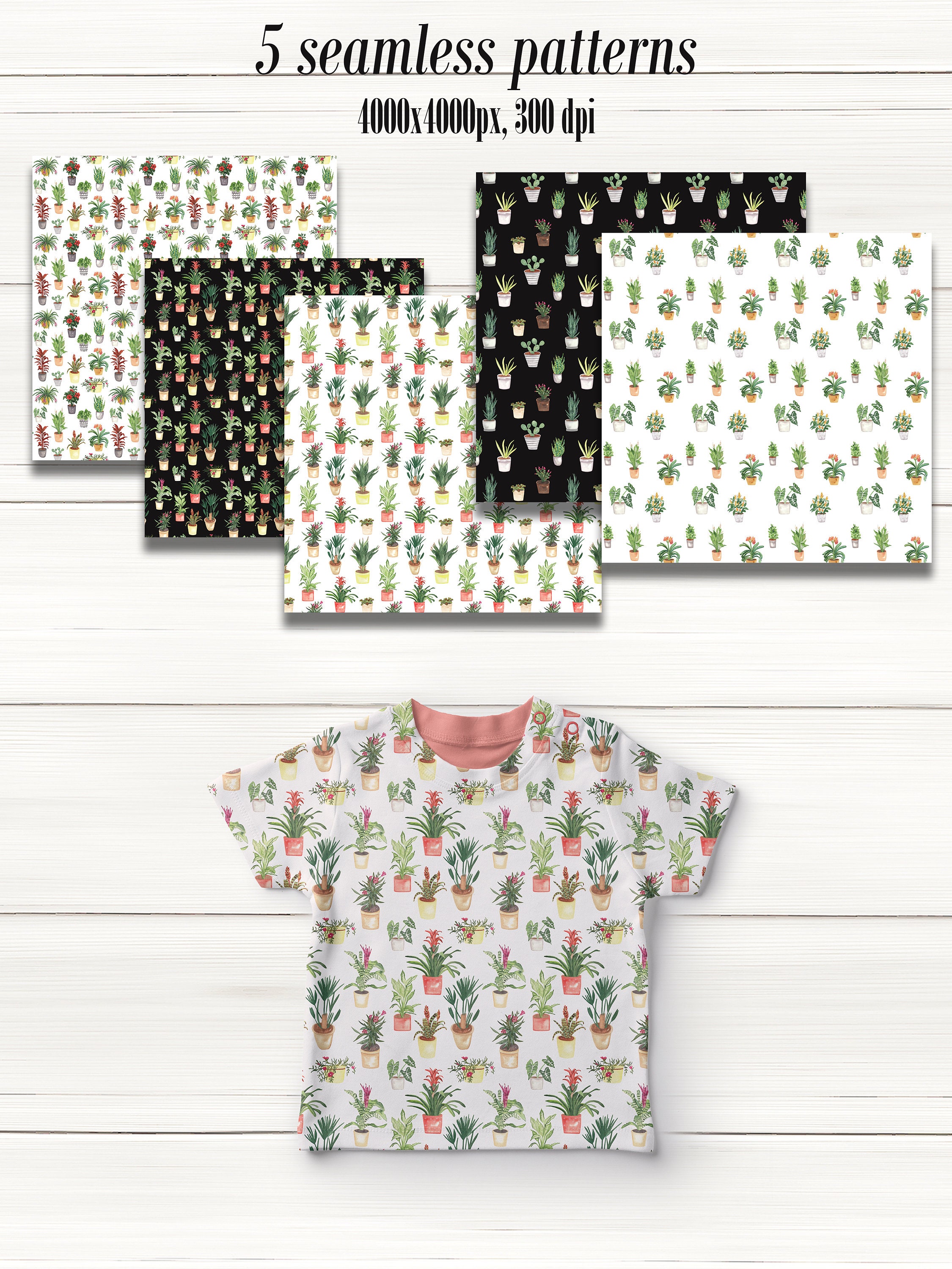 House Plants Digital Paper, Potted Plants Seamless Pattern, Cactus ...