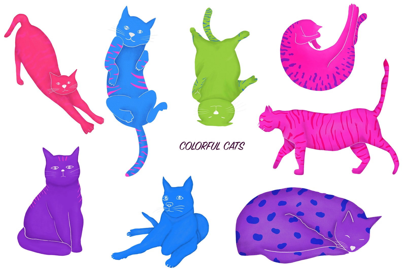 Cats Clipart Colorful & Playful Kittens Illustrations Digital Download ...