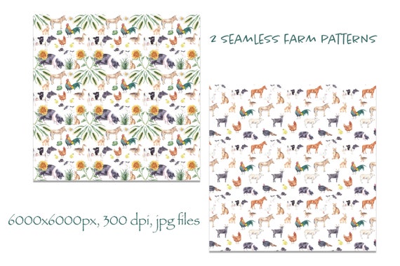 Seamless Farm Patterns Watercolor Animals Farm Digital Paper | Etsy