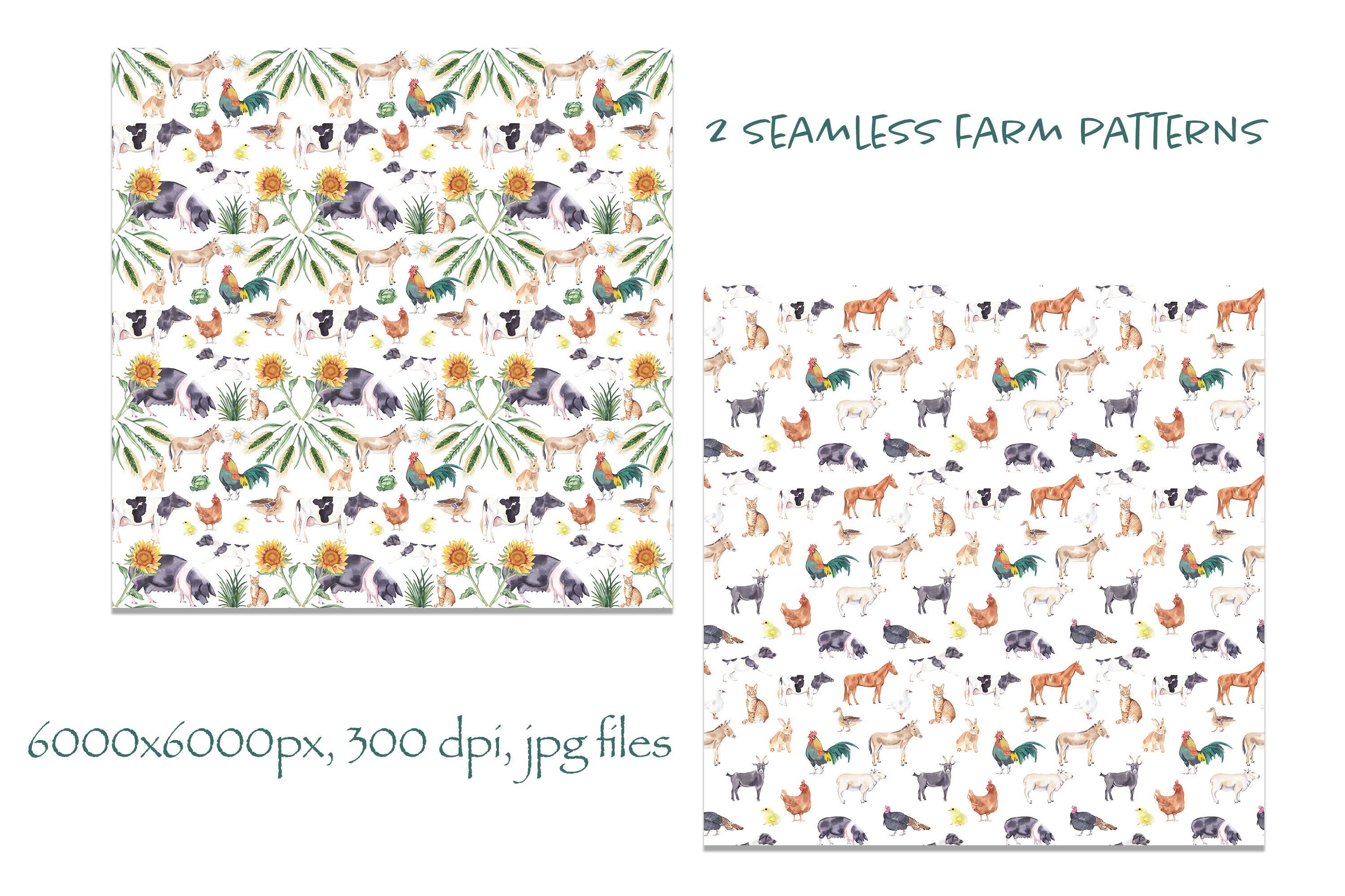 Seamless Farm Patterns Watercolor Animals Farm Digital Paper Livestock ...