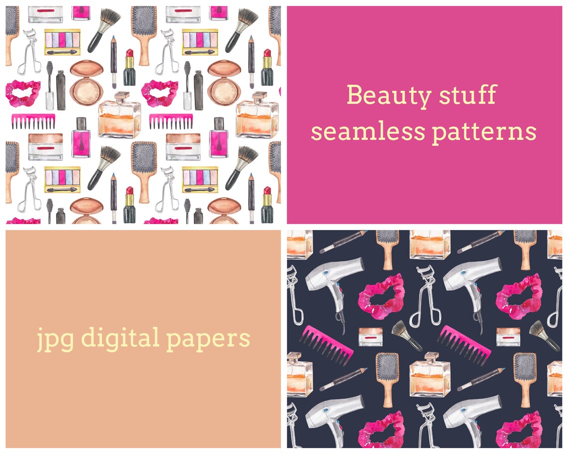Beauty Stuff Digital Papers Watercolor Makeup Seamless Pattern Hair ...