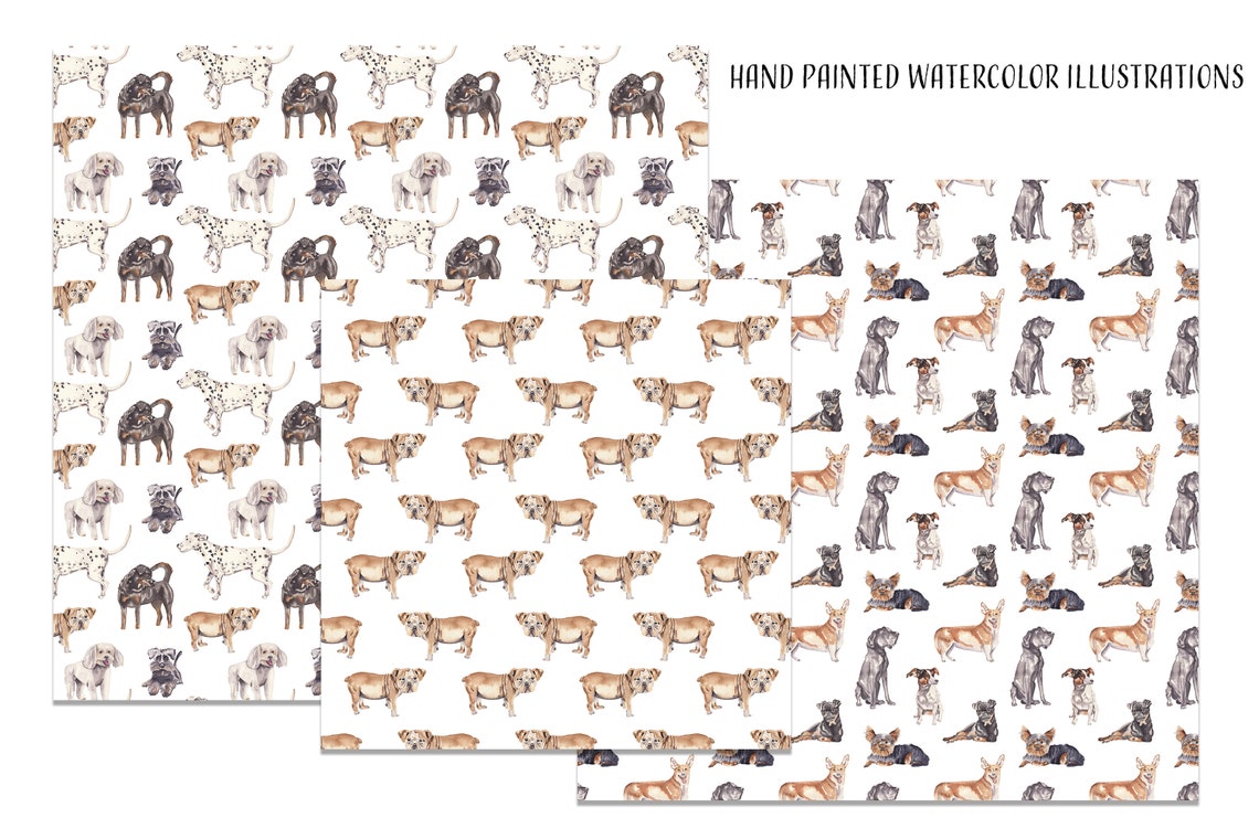 Dogs Digital Papers Watercolor Puppy Seamless Patterns Corgi English ...
