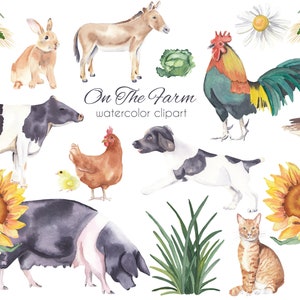 Farm Clipart Watercolor Farm Animals Cat Dog Lamb Caw Pig Goat Roostery ...