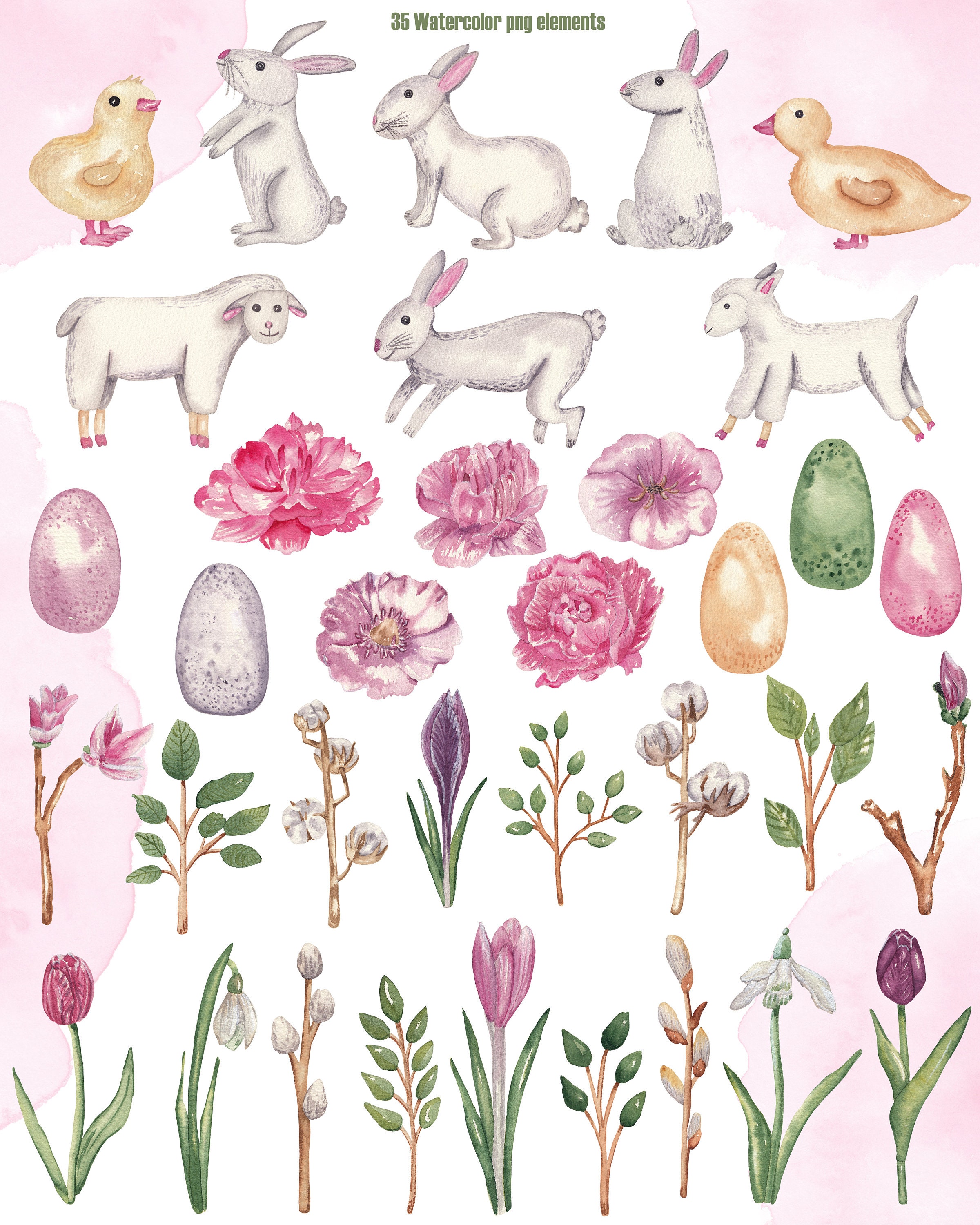 Easter Watercolor Clipart. Easter Animals: Bunny, Lamb, Duck & Chick ...