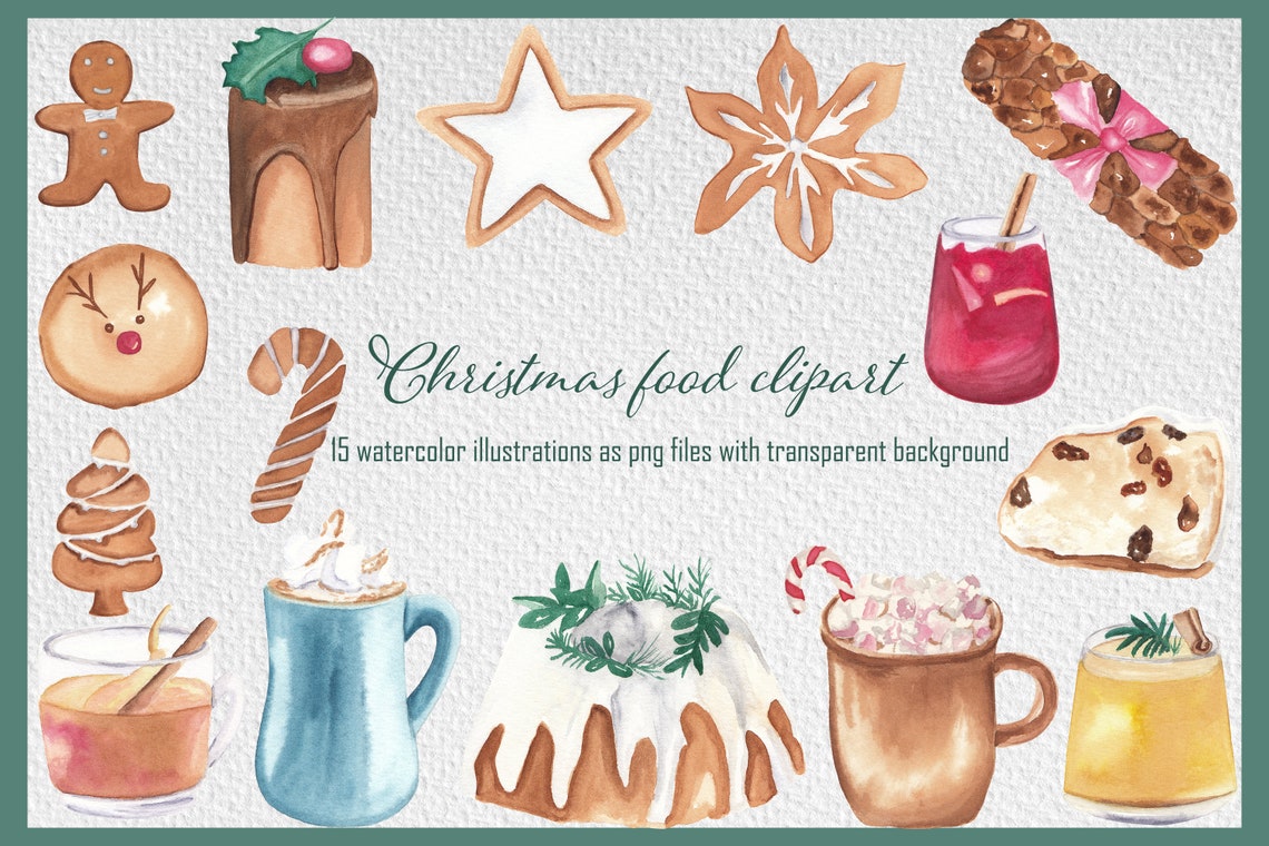 Watercolor Christmas Clipart Food Illustrations (Download Now) - Etsy