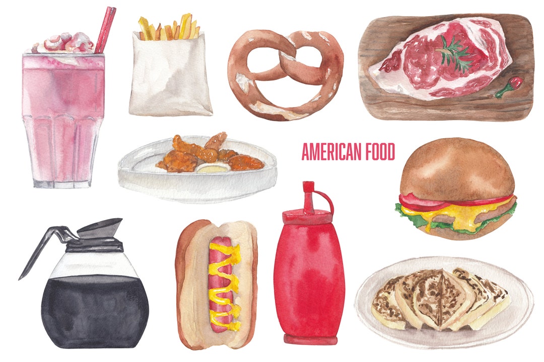 USA American Food Watercolor Illustrations Hand Painted Png Clipart ...