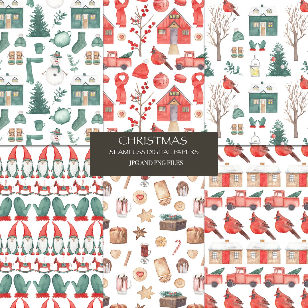 Christmas Seamless Digital Papers Watercolor Patterns Red Green ...