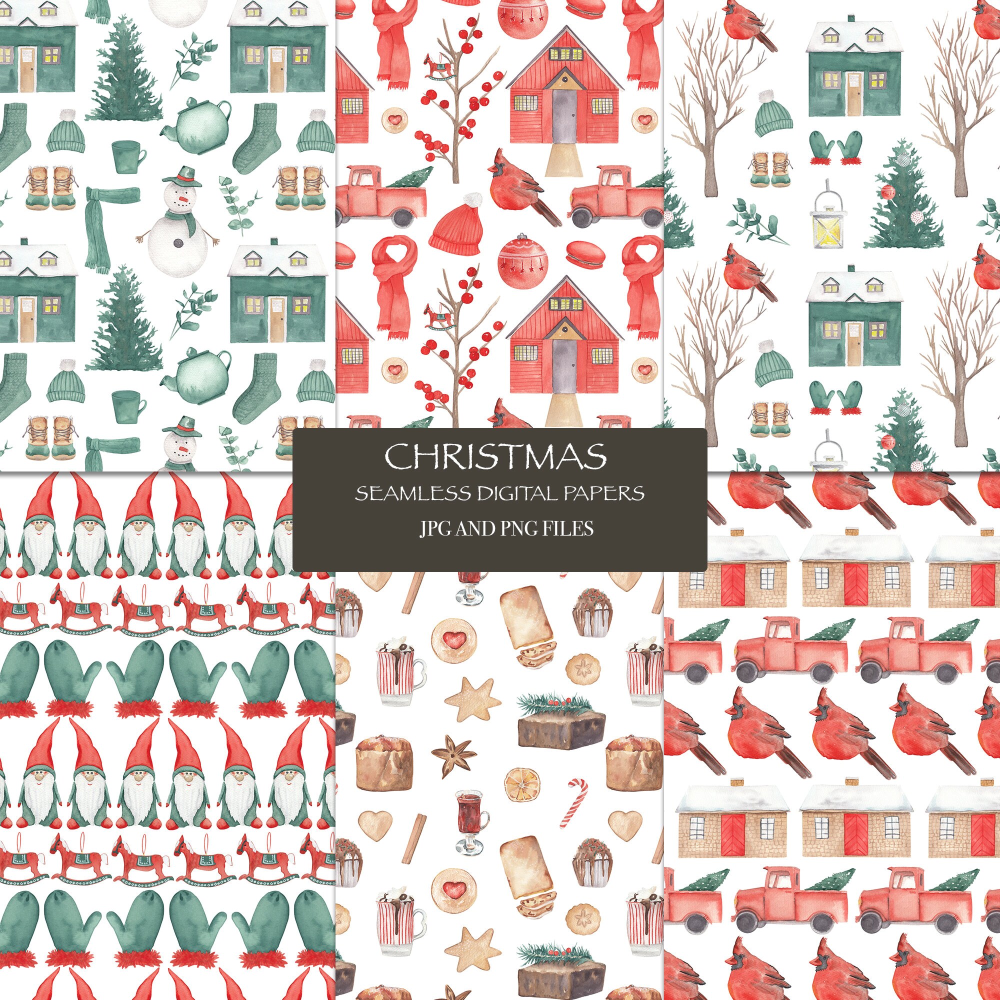 Christmas Seamless Digital Papers Watercolor Patterns Red Green ...