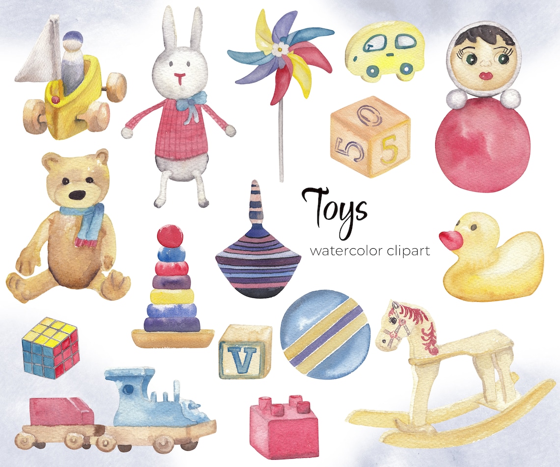 Watercolor Classic Toy Clipart: Wooden Toys, Teddy Bear (PNG) - Etsy
