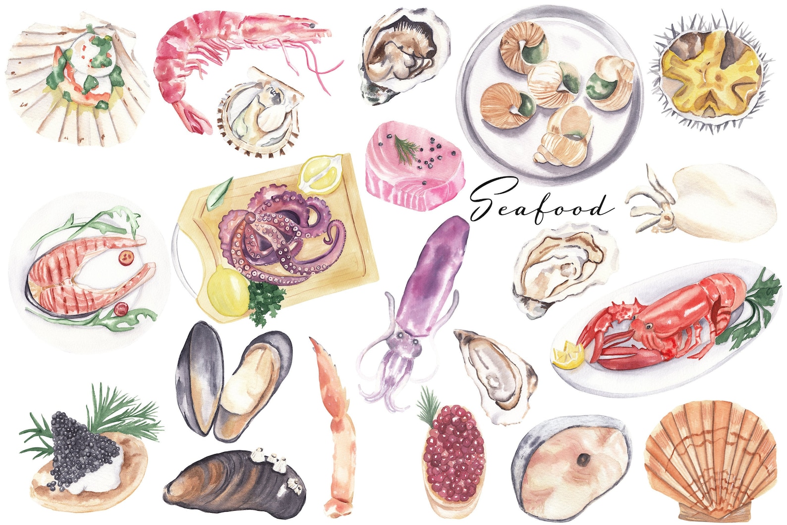 Watercolor Cooking Clipart Hand Illustrated Food Seafood Octopus Fish ...