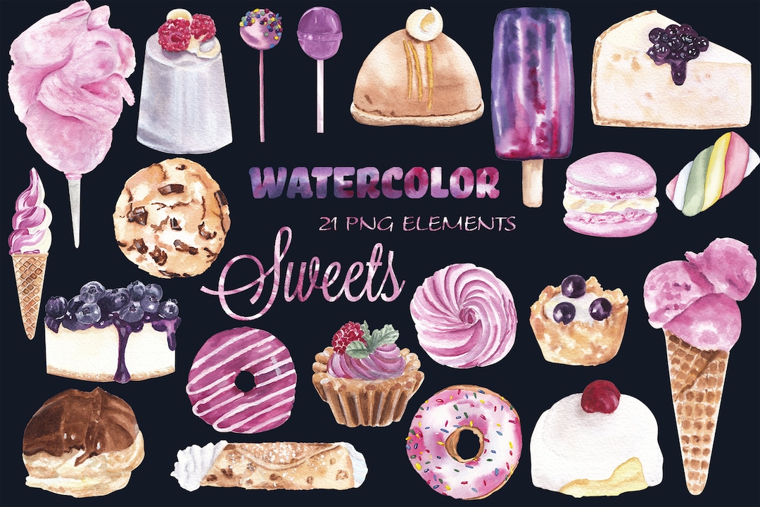 Watercolor Sweets Clipart Food Candy Cakes Bakery Desserts Ice Cream ...
