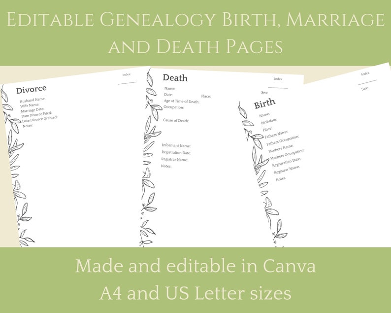 Editable Printable Genealogy Birth Marriage and Death Pages - Etsy Ireland