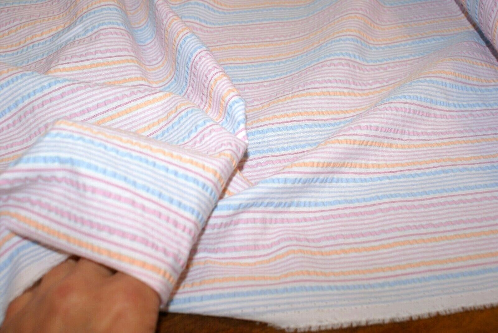 1m X 1.54m Baby Pink & Blue Stripe Cotton / Sear Sucker Cotton Fabric ...