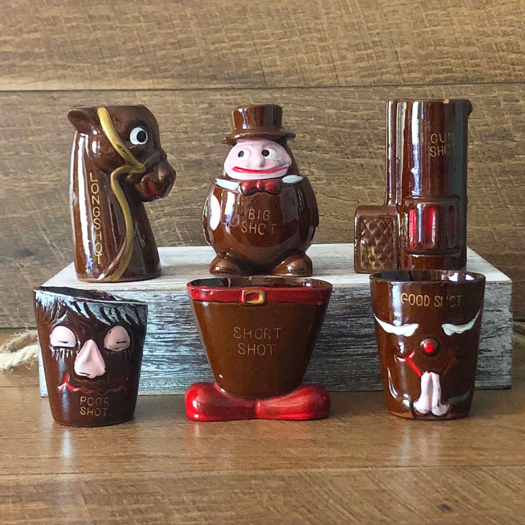 Funny vintage Redware Pottery Shot Glass Set Mancave Bar Glasses ...