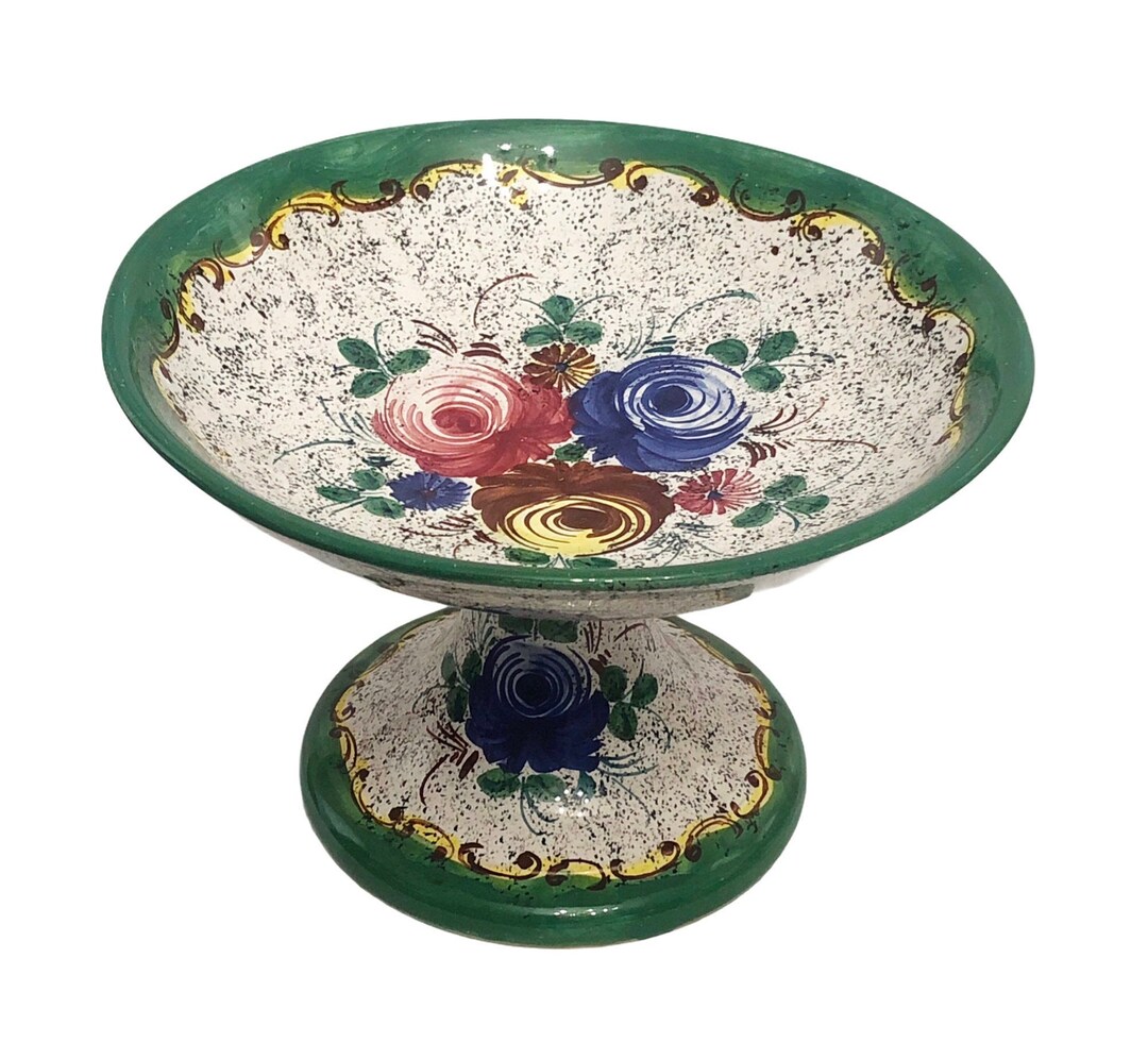 Italian Hand Painted Pottery Pedestal Compote Bowl Country Kitchen ...