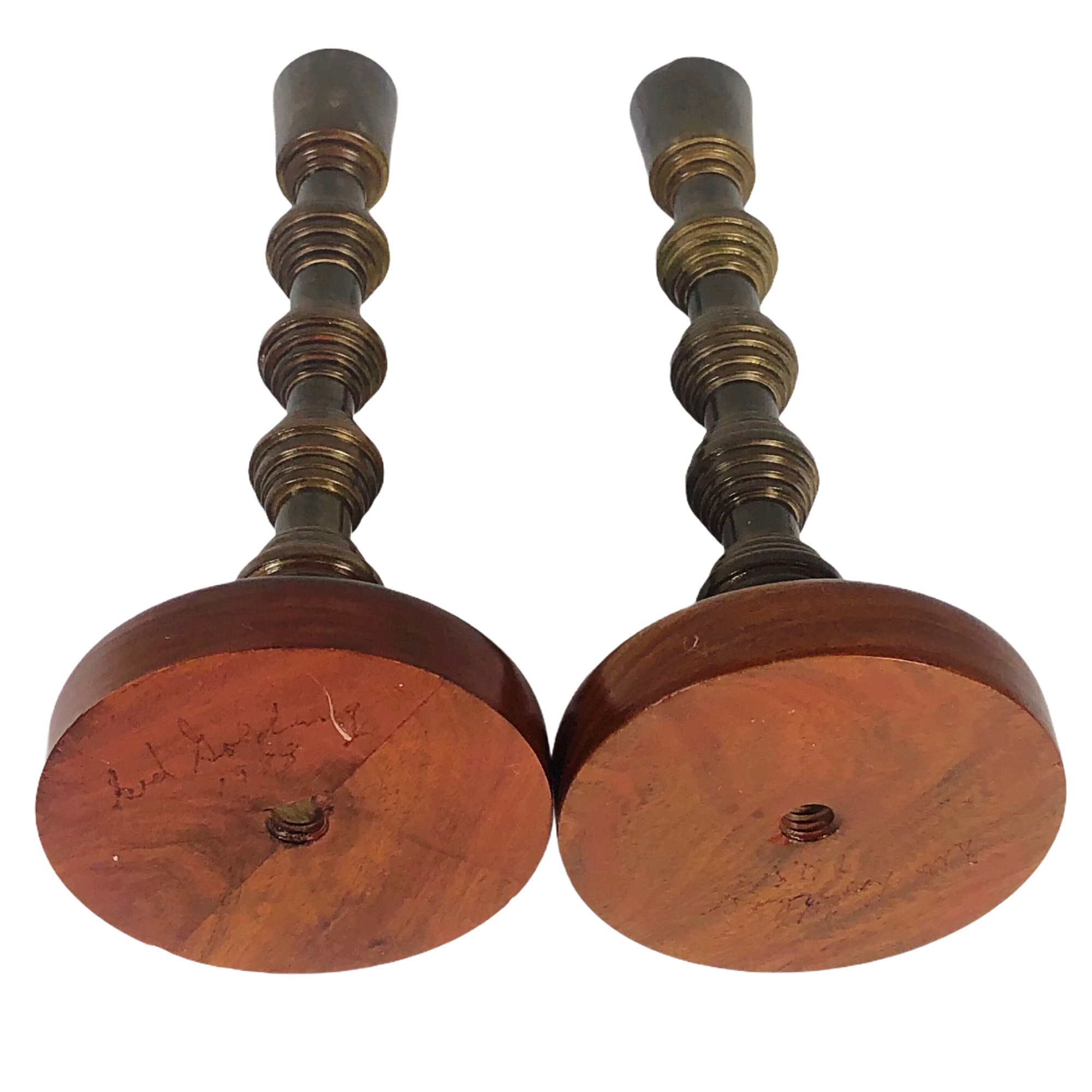 Industrial Style Vintage Brass & Wood Candlestick Holders Signed SID ...