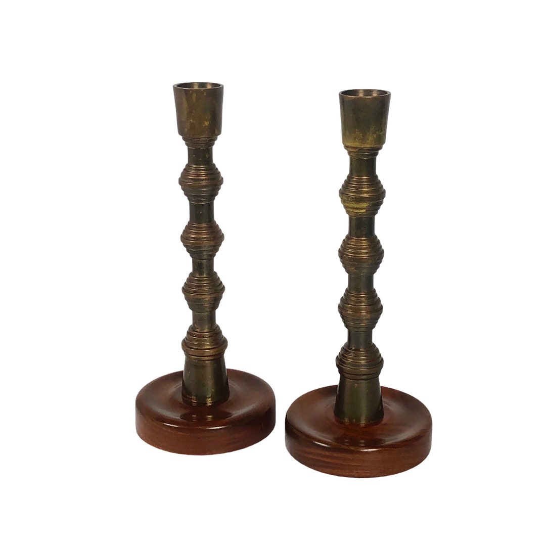 Industrial Style Vintage Brass & Wood Candlestick Holders Signed SID ...