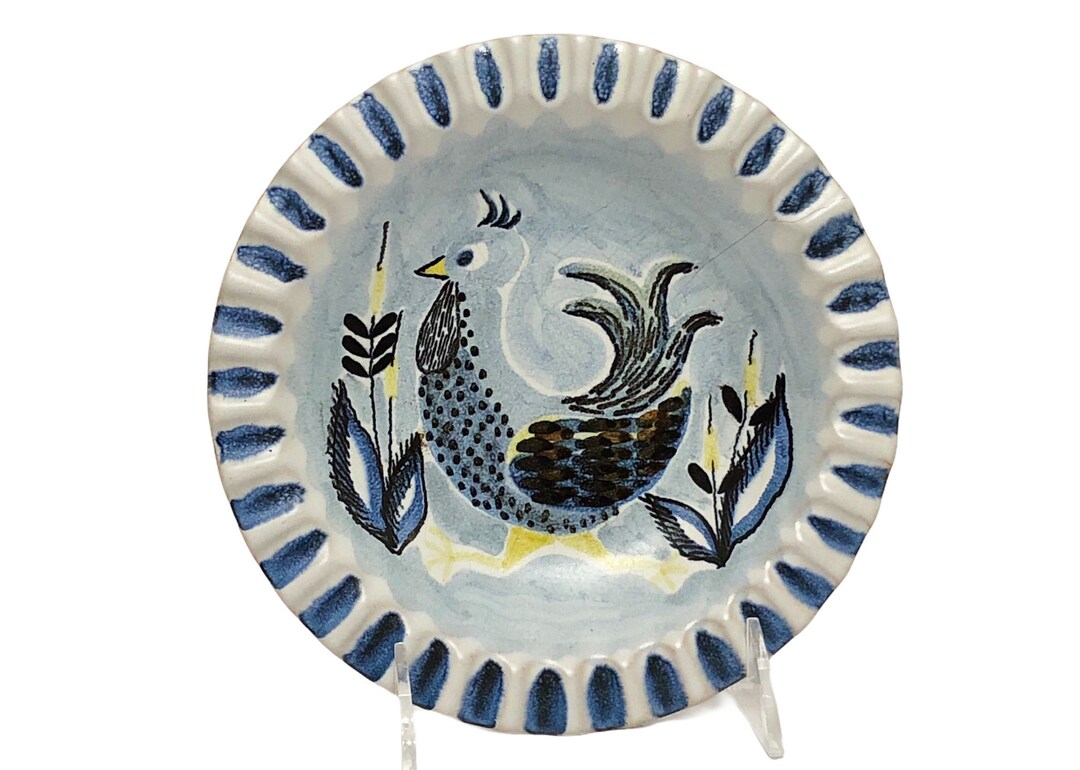 Scandinavian Mid Century Hand Painted Blue Rooster Ceramic Bowl Artist ...
