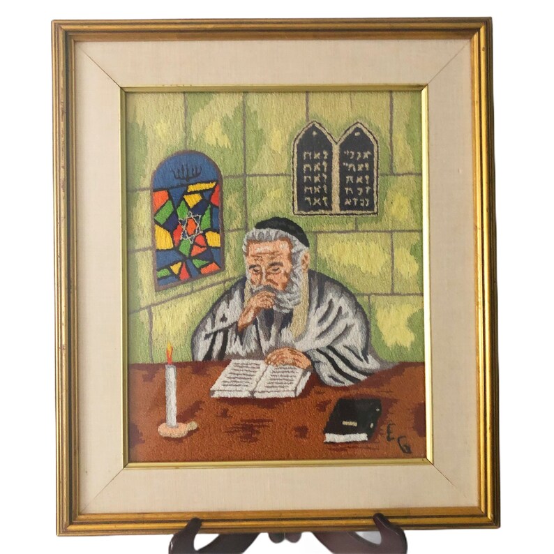 Jewish Rabbi Vintage Torah Punch Needle Embroidery Framed Handcrafted ...
