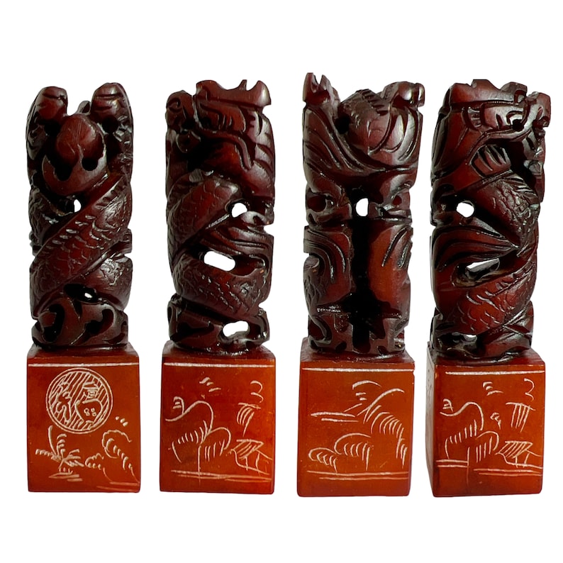 Chinese Carved Vintage Double Dragon Shou Shan Soap Stone Seal Stamp ...