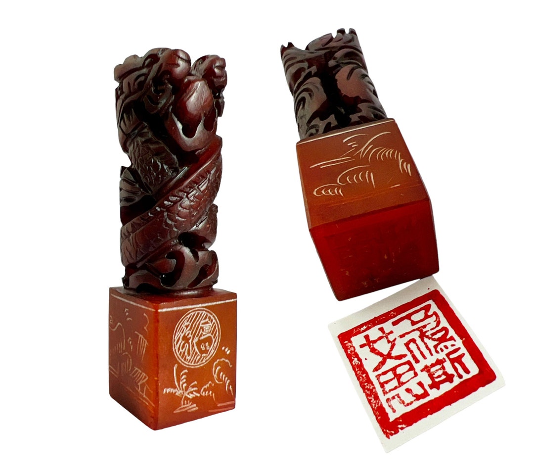 Chinese Carved Vintage Double Dragon Shou Shan Soap Stone Seal Stamp ...