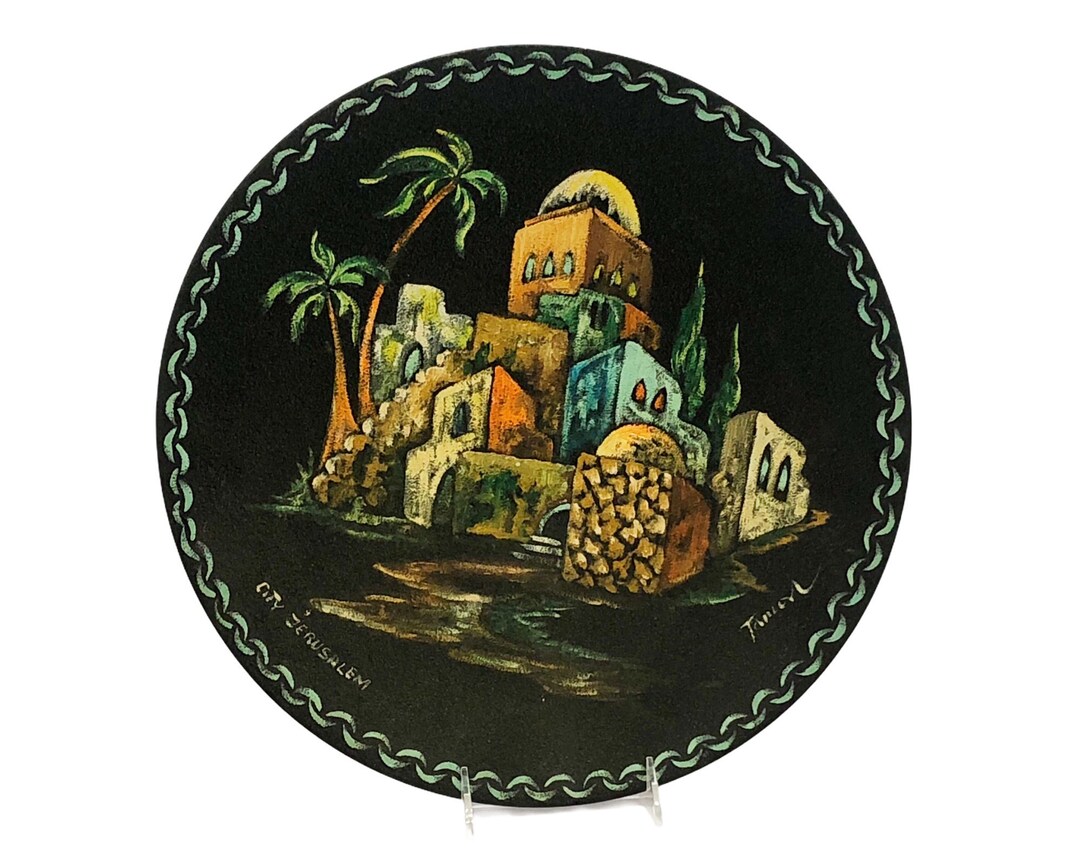 15" Jerusalem Israel Wall Hanging Metal Plate Colorful Cityscape Signed ...