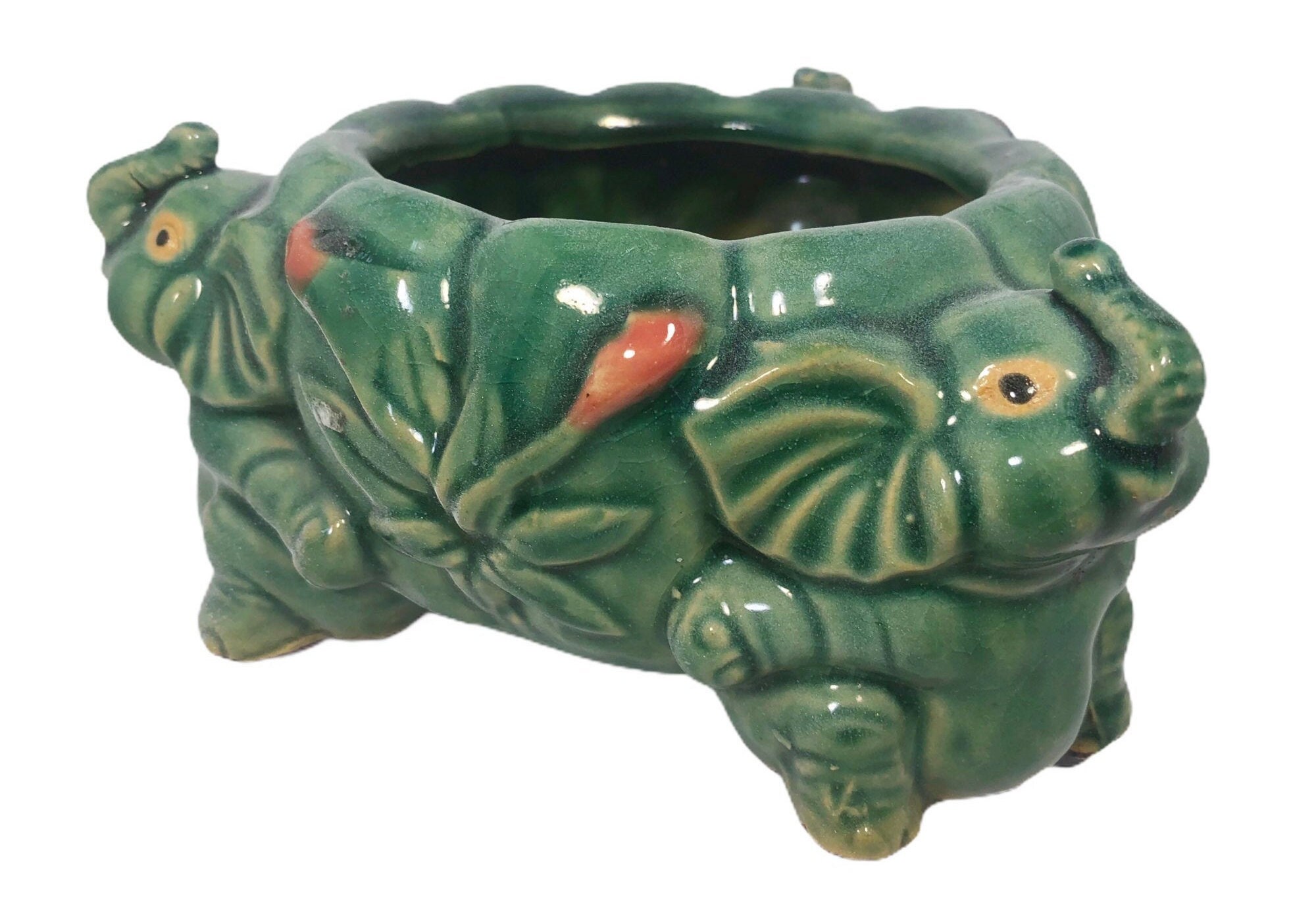 Majolica Green Ceramic Elephants Indoor Planter Vintage Boho Asian ...