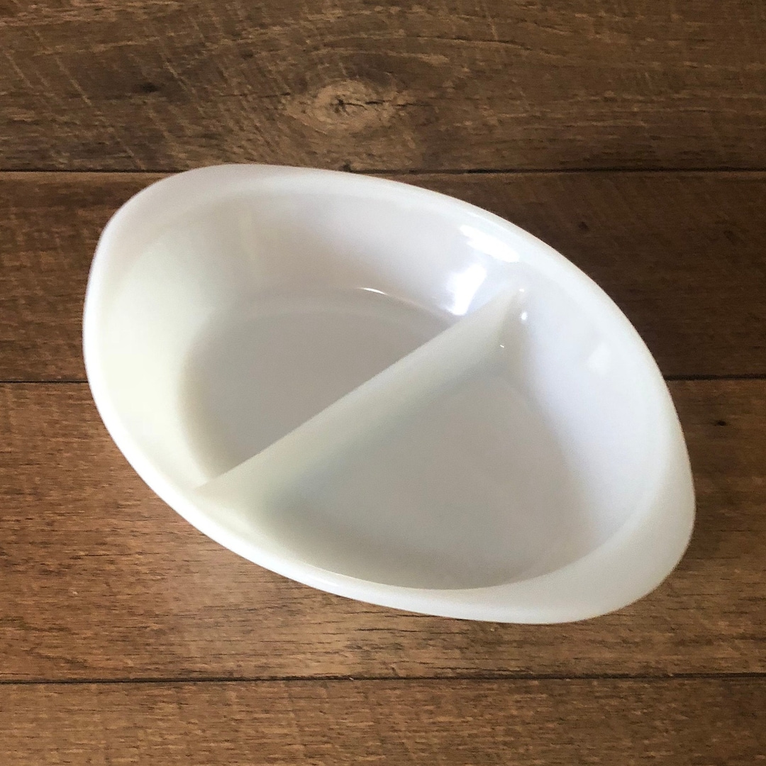 Mid Century GLASBAKE White Milk Glass Oval Divided Baking Dish Bridal ...