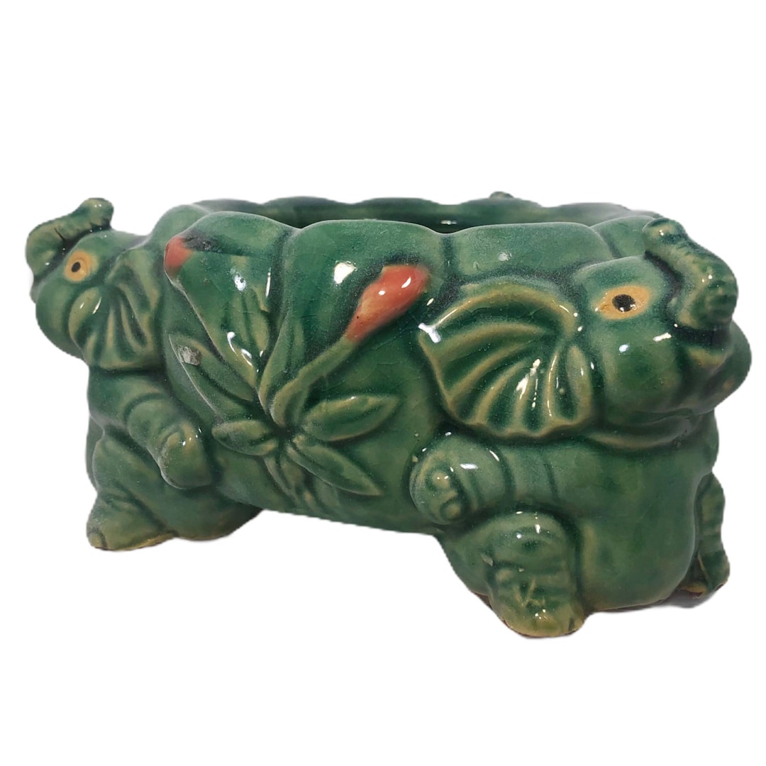 Majolica Green Ceramic Elephants Indoor Planter Vintage Boho Asian ...